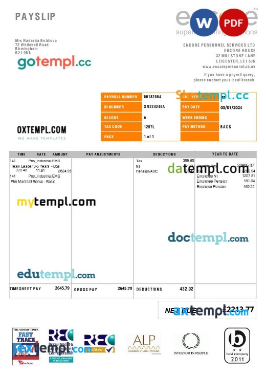 Encore Personnel Services (recruitment) payslip template in Word and ...