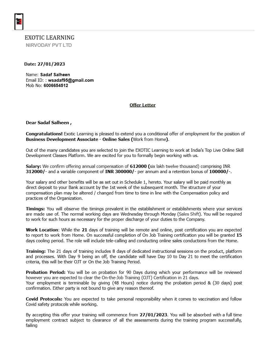 Exotic Learning Pvt. Ltd. Business Development Associate offer letter ...