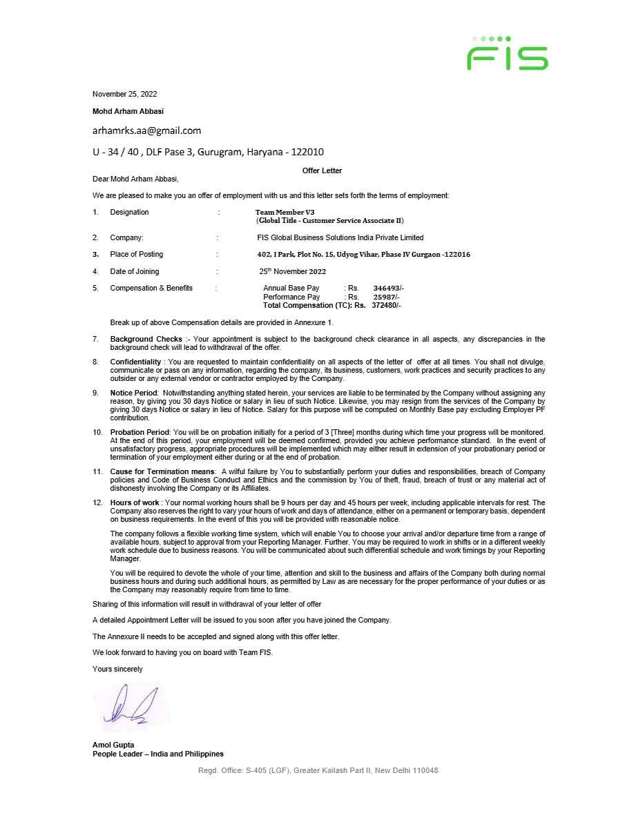 FIS Global Business Pvt. Ltd. Team Member V3 offer letter in Word and Pdf formats