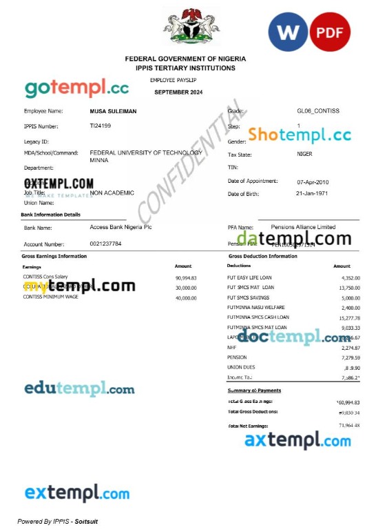 Federal Government of Nigeria employee payslip template in Word and PDF ...