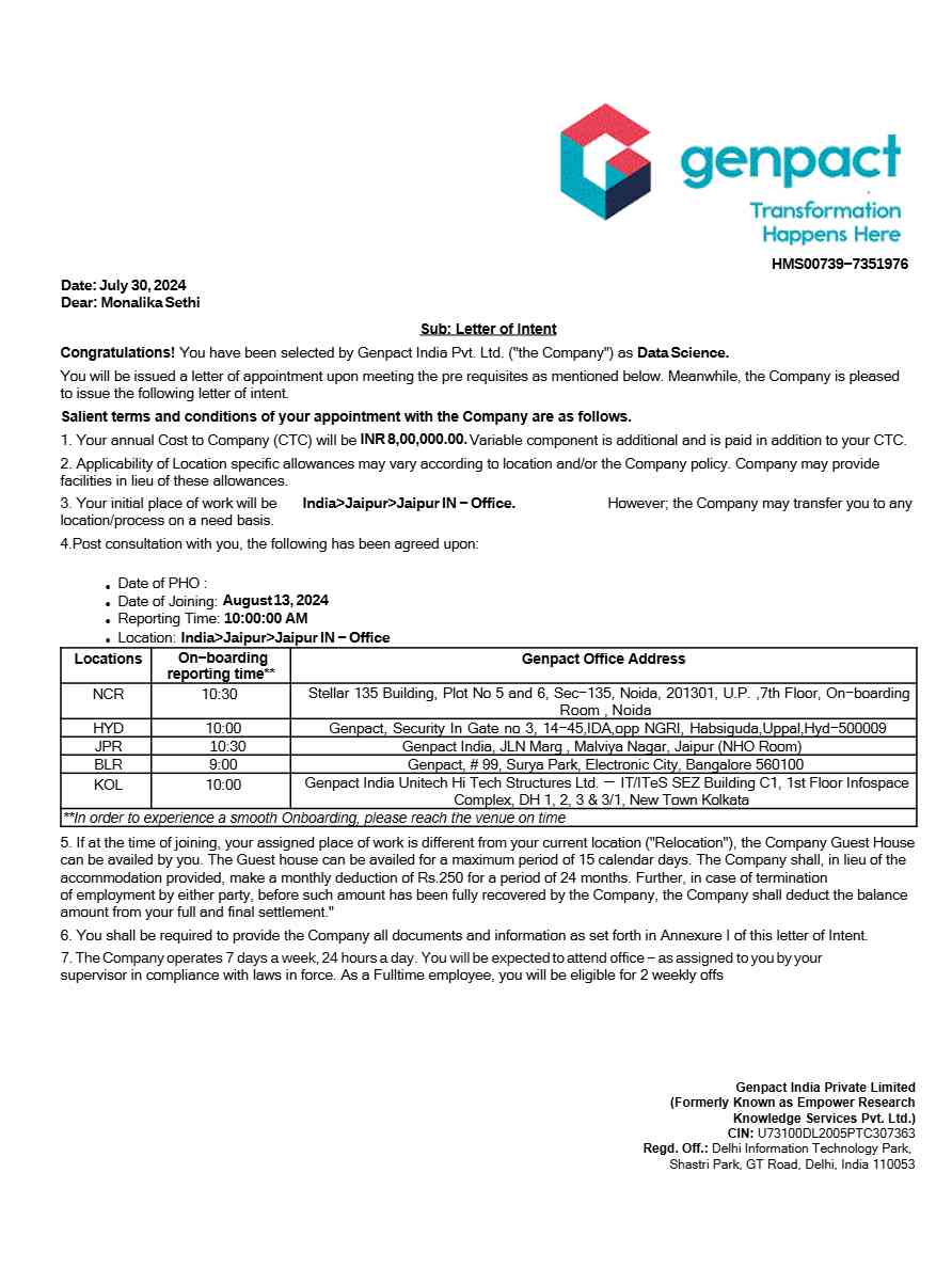Genpact Pvt. Ltd. Data Science offer letter in Word and Pdf formats
