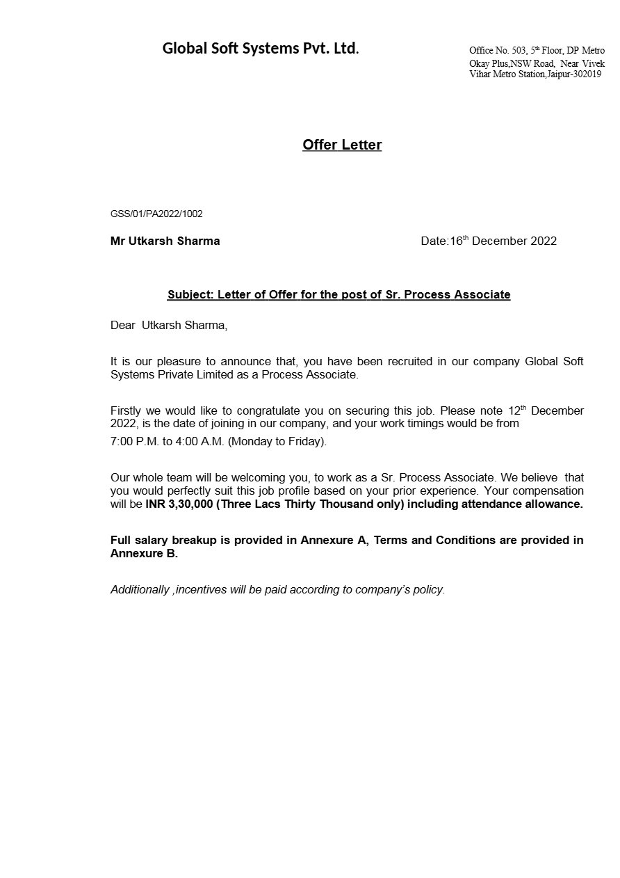 Global Soft Systems Pvt. Ltd. Sr. Process Associate offer letter in ...