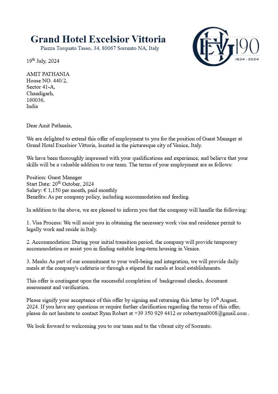 Grand Hotel Excelsior Vittoria Guest Manager offer letter in Word and ...