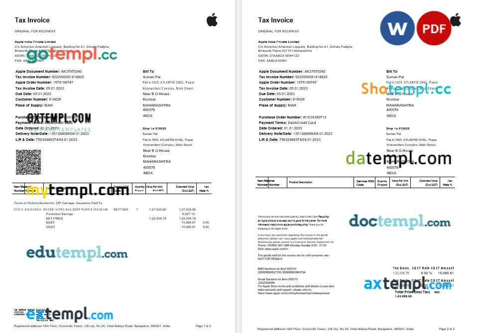 India Apple India Private Limited tax invoice editable template in Word ...