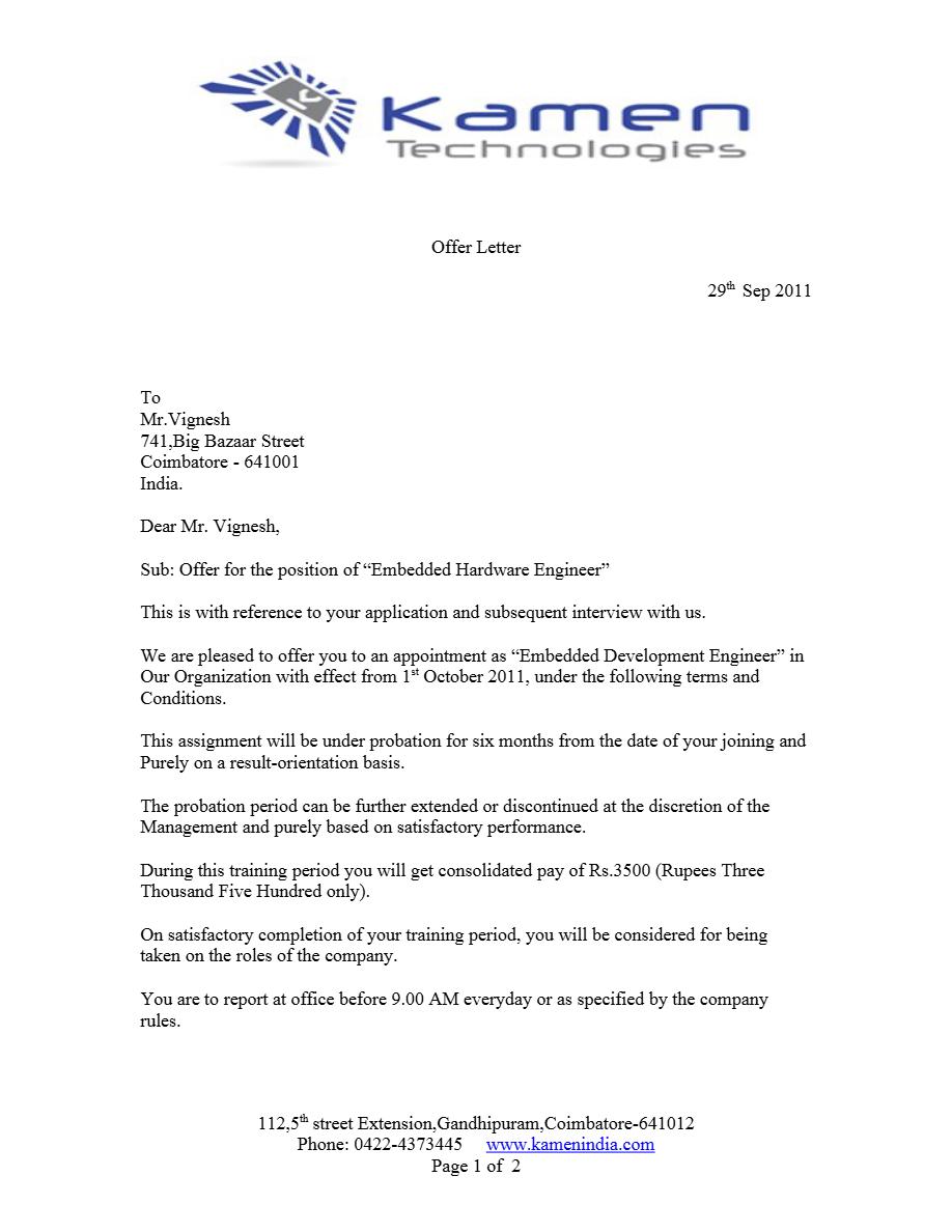 Kamen Technologies Embedded Hardware Engineer noffer letter in Word and ...