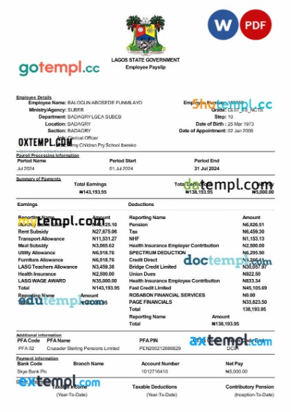 Lagos State Government employee payslip template in Word and PDF ...