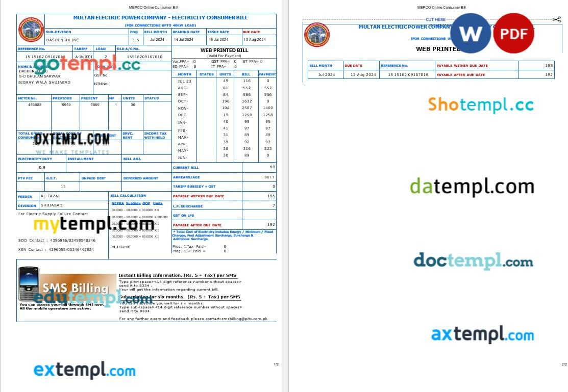 PAKISTAN MULTAN ELECTRIC POWER business utility bill Word and PDF ...