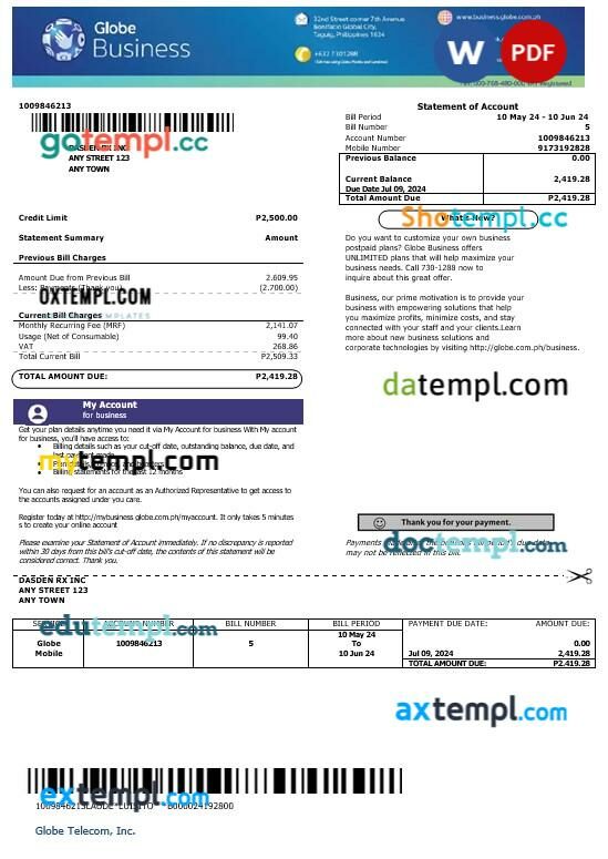Philippines Globe Business business utility bill template in Word and ...