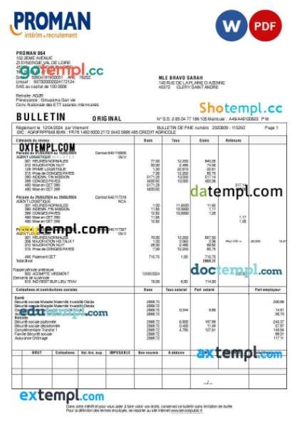 Proman recrutement payslip (in French language) template in Word and ...