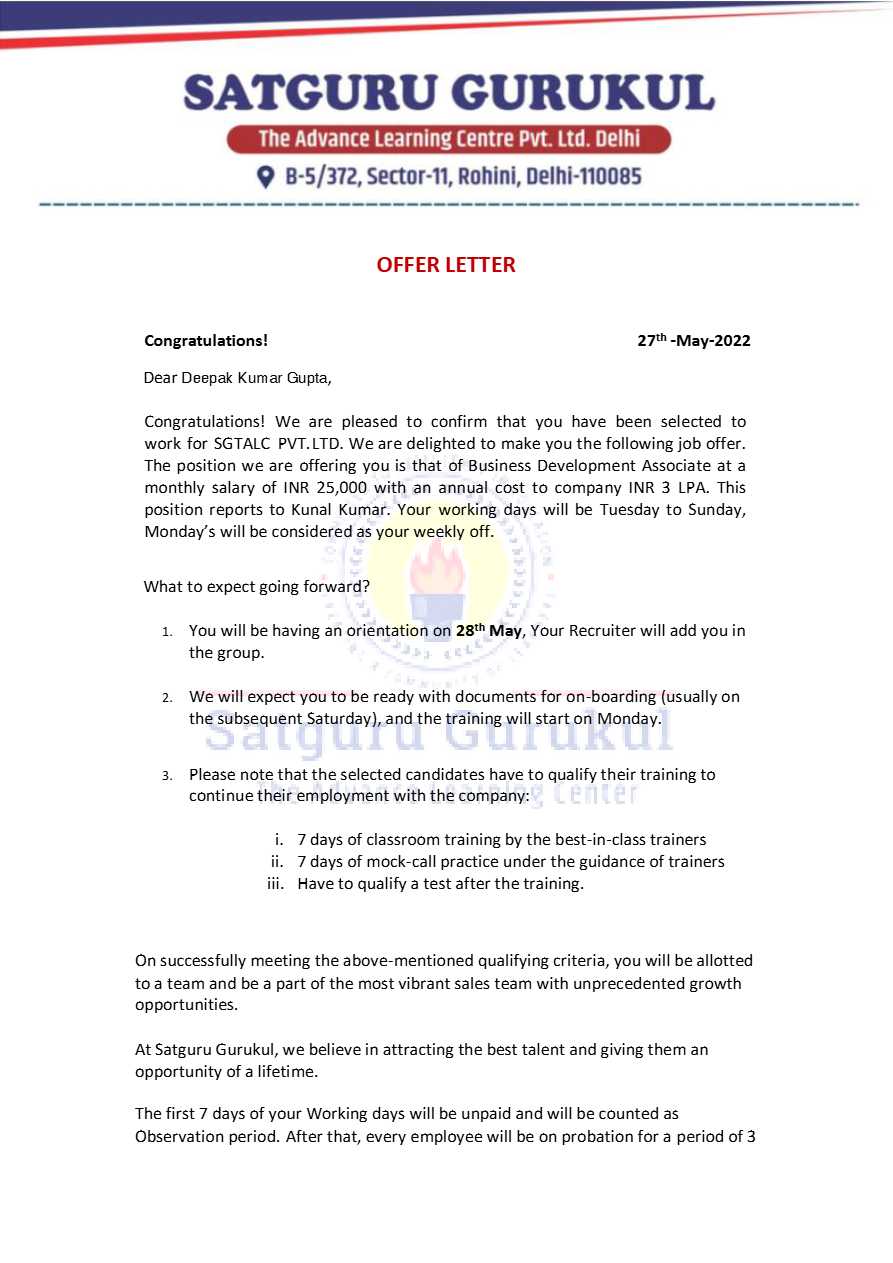 Satguru Gurukul Pvt. Ltd. Business Development Associate offer letter ...