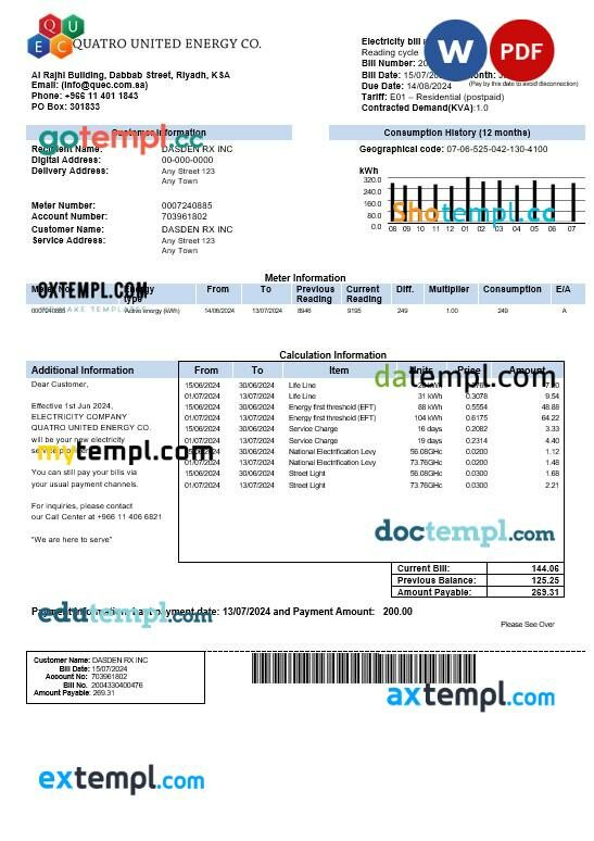 Saudi Arabia Quatro United Energy Co. business utility bill, Word and ...
