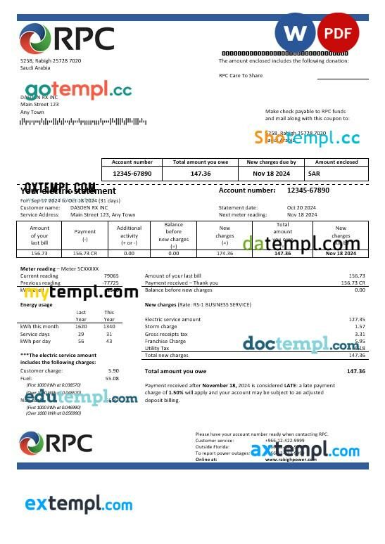 Saudi Arabia Rabigh Power Company business utility bill, Word and PDF ...