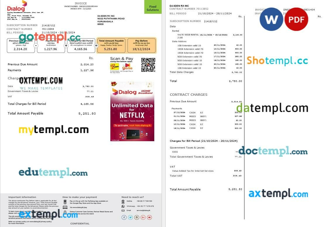 Sri Lanka Dialog business utility bill template in Word and PDF formats ...