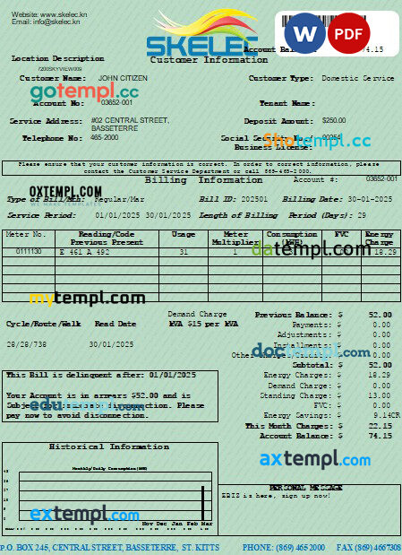 St. Kitts Electricity Company (SKELEC) utility bill editable template ...