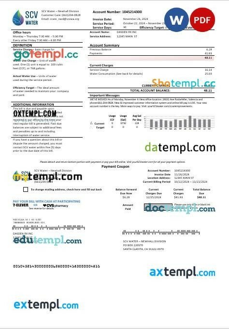 USA California Santa Clarita SCV Water business utility bill template ...