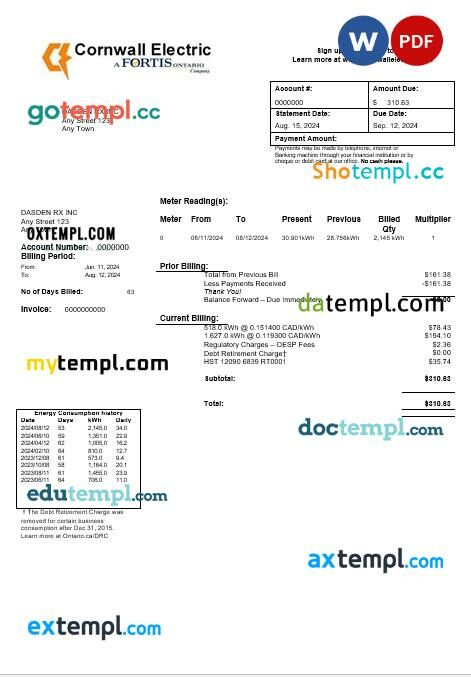 USA Cornwall Electric business utility bill template in Word and PDF ...