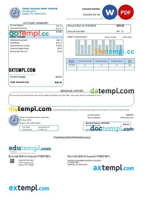 USA Eastern Suburban Water Authority business utility bill template in ...
