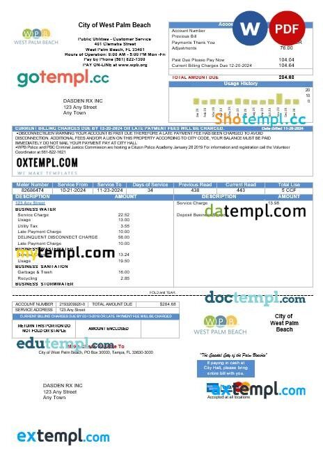 USA Florida City of West Palm Beach business utility bill template in ...