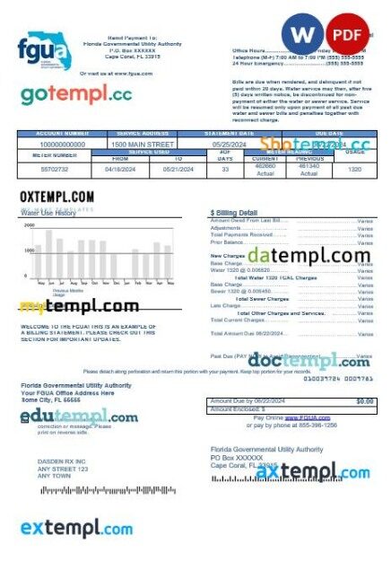 USA Florida FGUA business utility bill template in Word and PDF formats