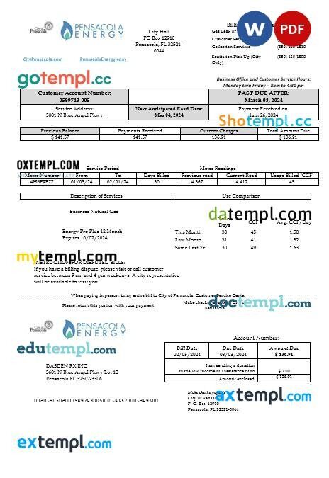 USA Florida Pensacola Energy business utility bill template in Word and ...
