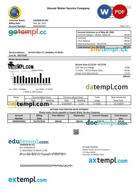 USA Hawaii Water Service Company business utility bill template in Word ...