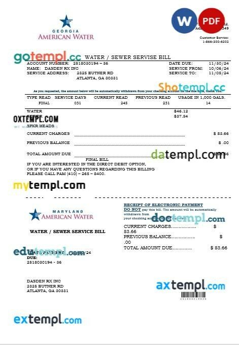 USA Maryland Georgia Water business utility bill template in Word and ...