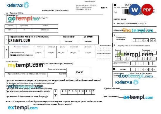 Ukraine KievGaz business utility bill template in Word and PDF formats ...