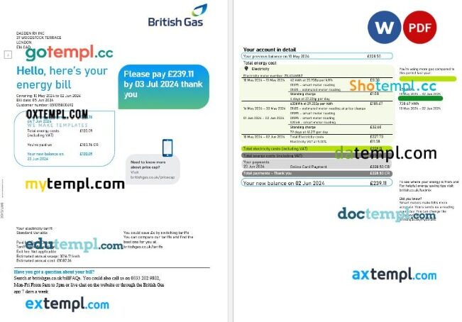 United Kingdom British Gas business utility bill, Word and PDF template ...