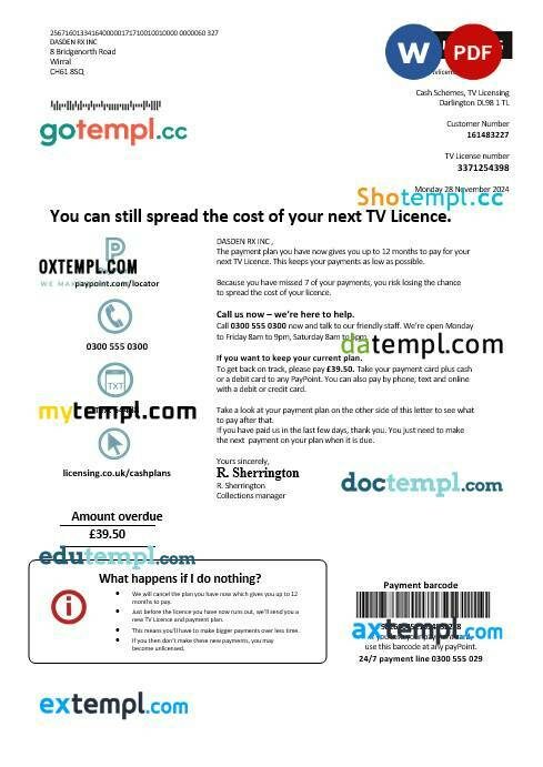 United Kingdom TV Licensing business utility bill template in Word and ...