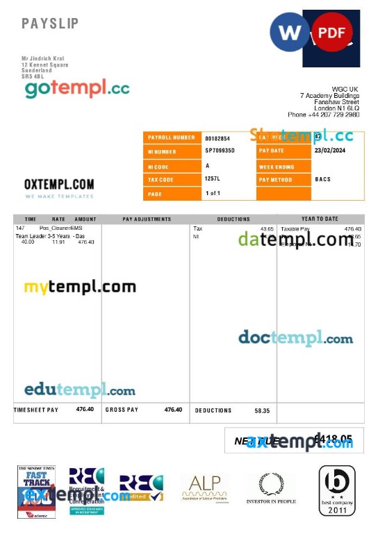 United Kingdom WGC cleaning service payslip template in Word and PDF ...