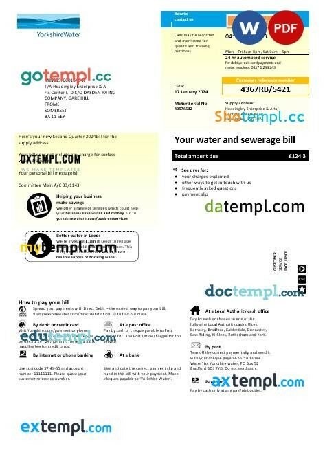 United Kingdom Yorkshire water business utility bill template in Word ...