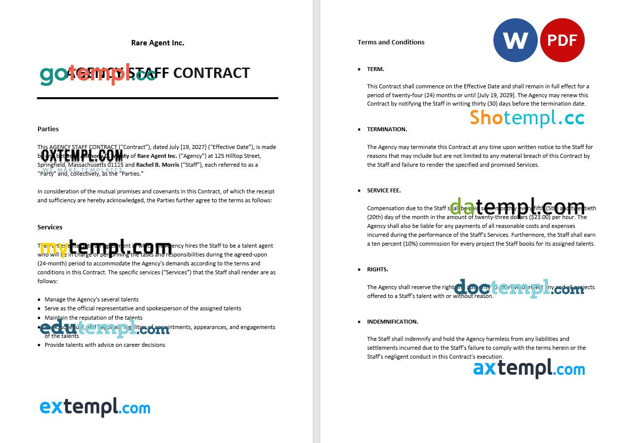free download agency staff contract example in Word and PDF format