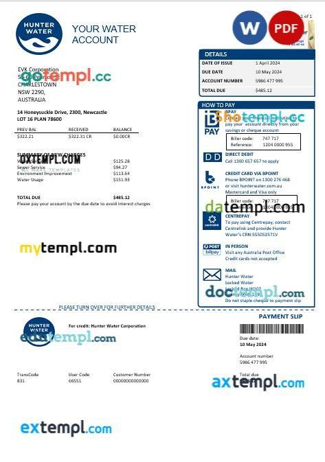 Australia Hunter Water business utility bill template in Word and PDF ...