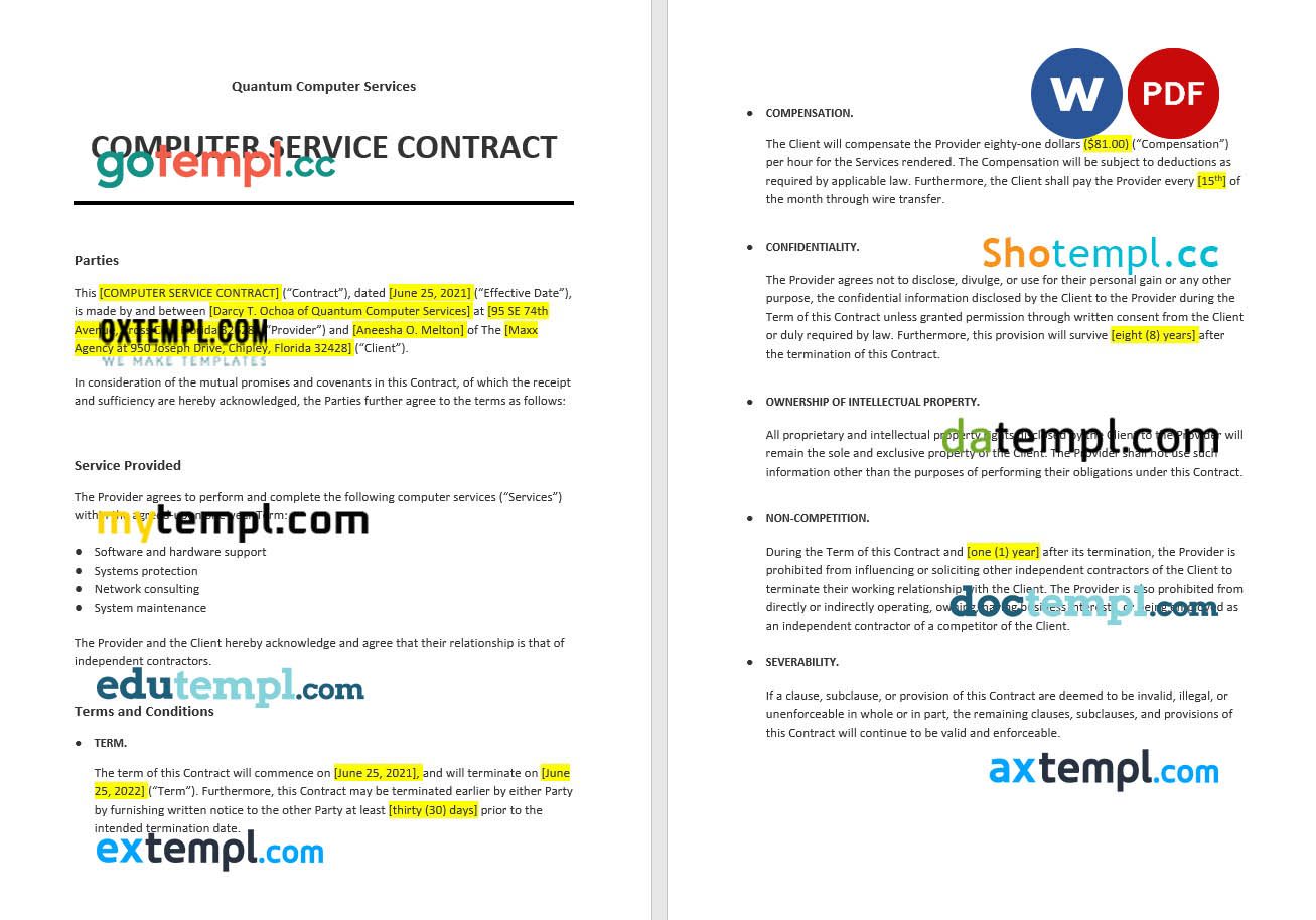 free download computer service contract example, Word and PDF format
