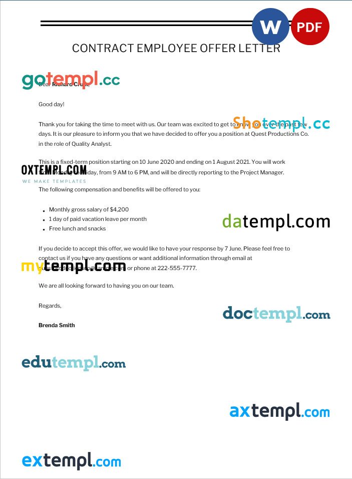 free download contract employee offer letter sample example, Word and ...
