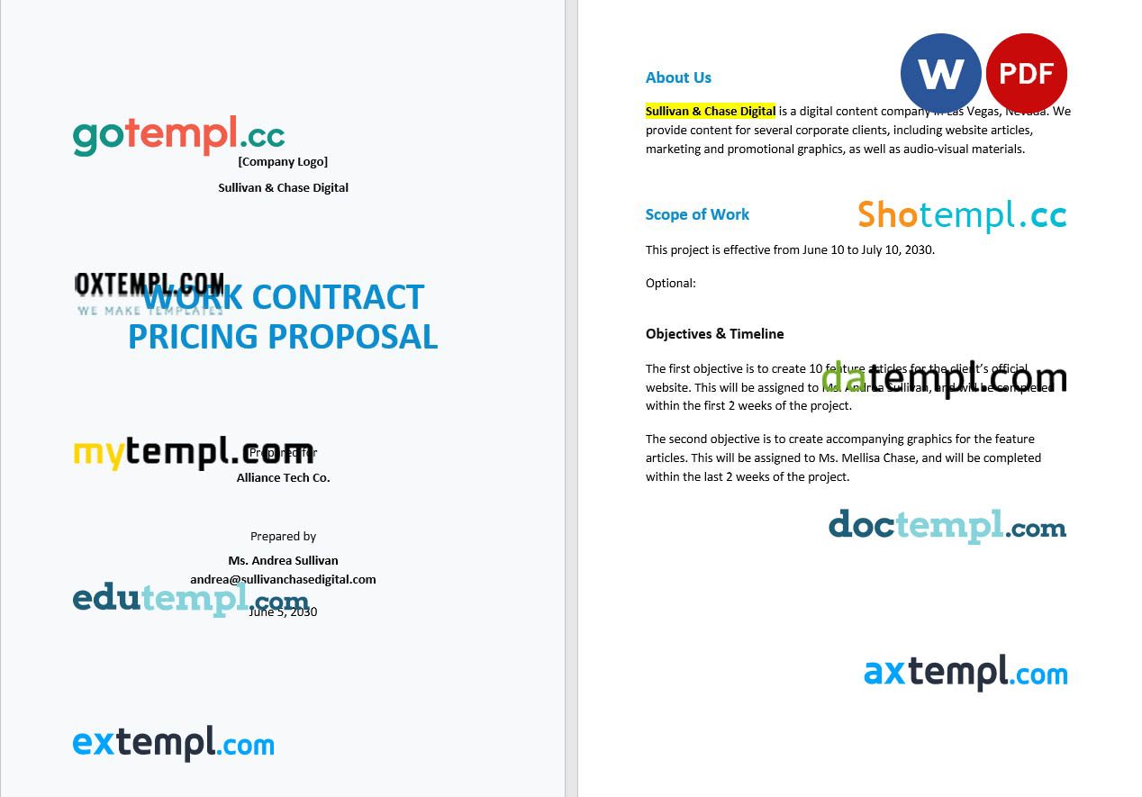 free download contract pricing proposal example, Word and PDF format