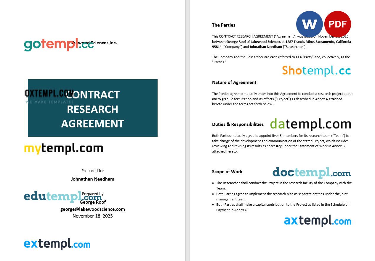 free download contract research agreement example, Word and PDF format