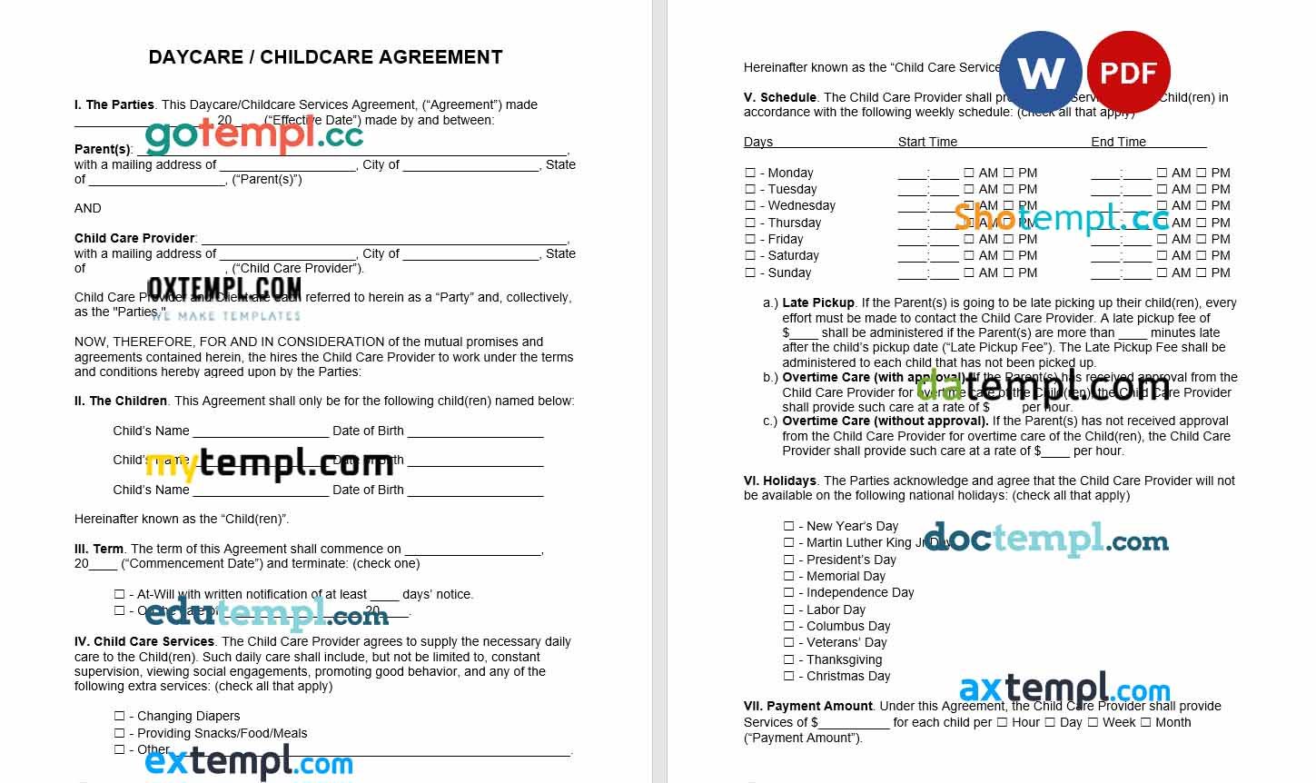 free download daycare childcare agreement example, Word and PDF format