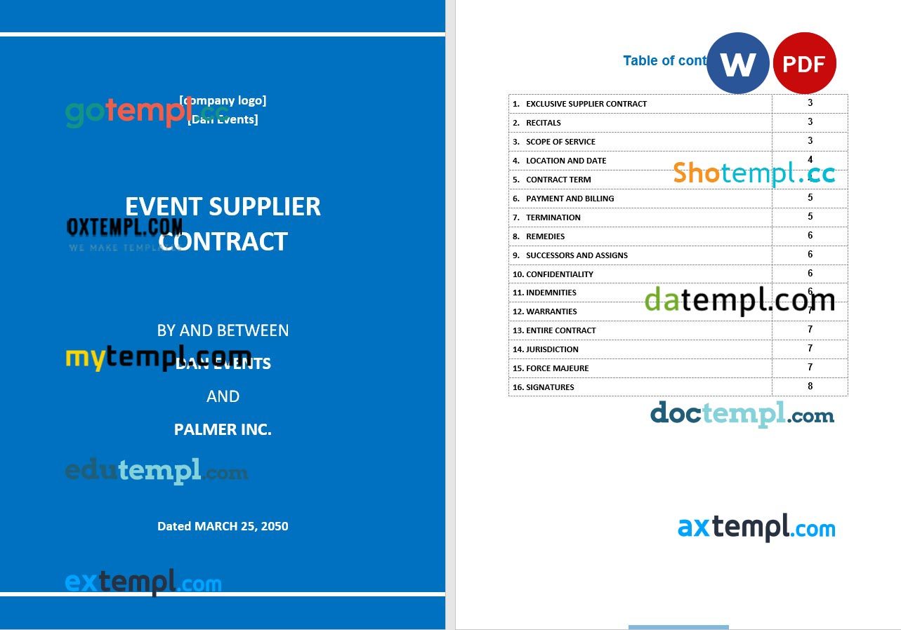 free download event supplier contract example, Word and PDF format
