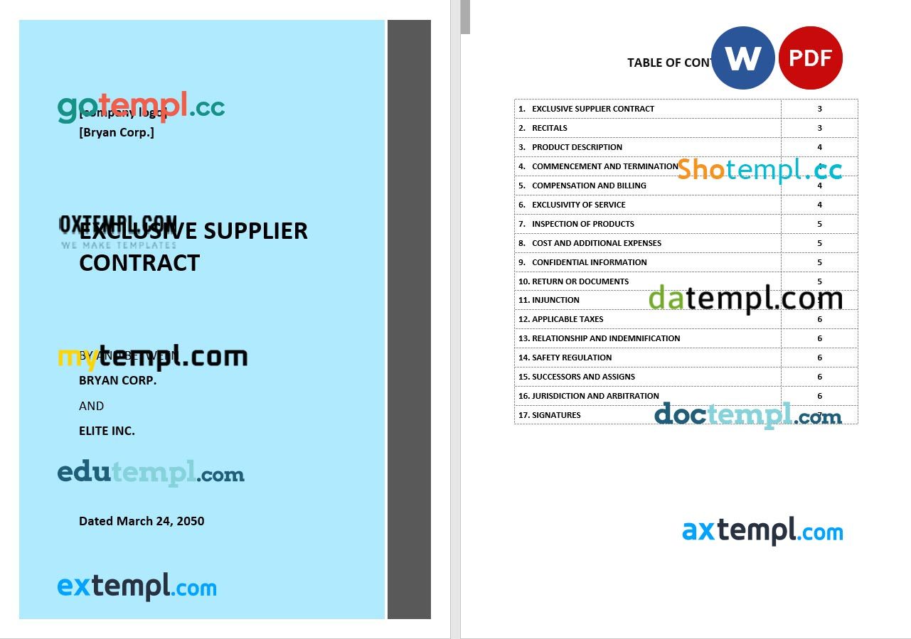 free download exclusive supplier contract example, Word and PDF format