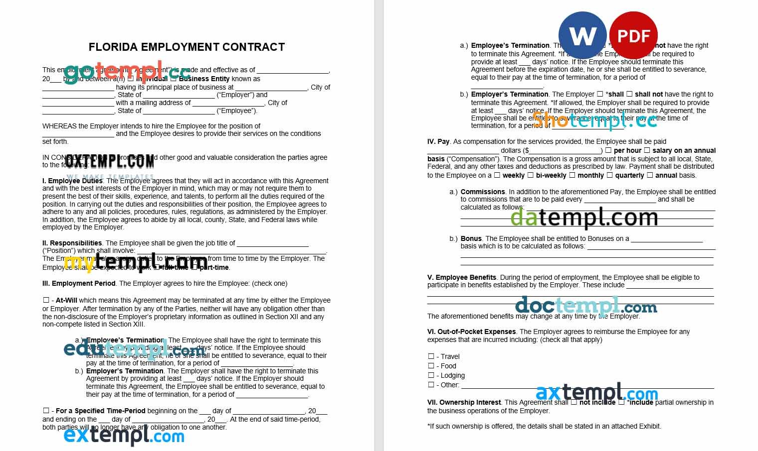 free download Florida Employment Contract example, Word and PDF format