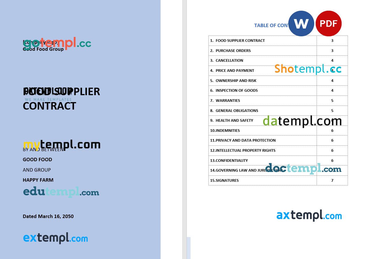 free download food supplier contract example, Word and PDF format