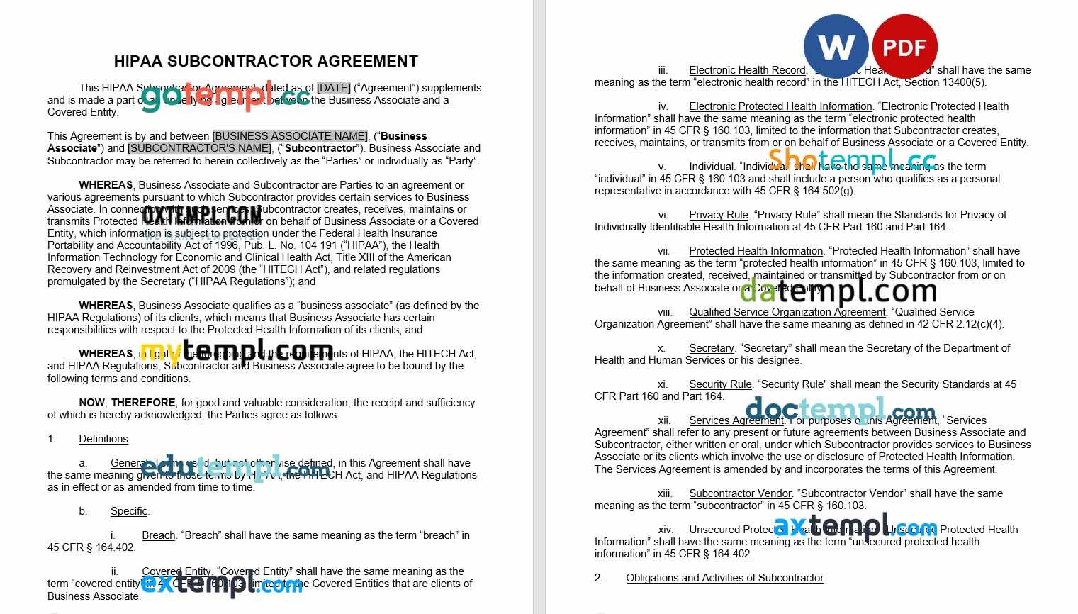 free download HIPAA subcontractor agreement example, Word and PDF format