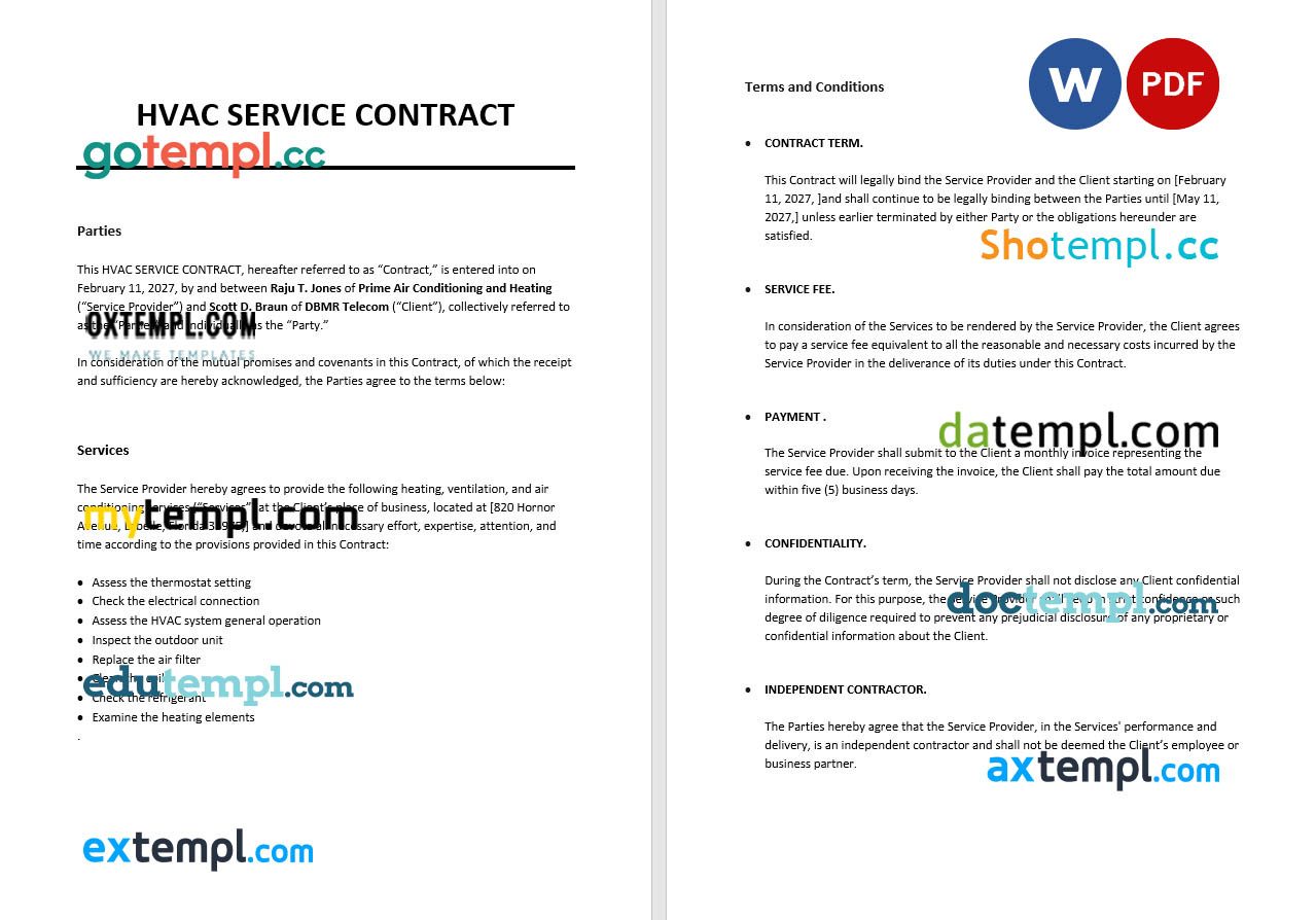 free download HVAC service contract example, Word and PDF format