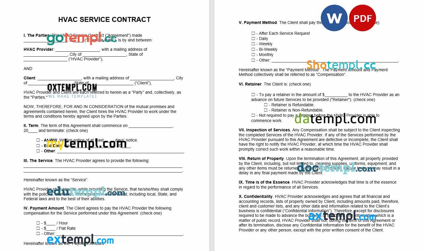 free download HVAC service contract example, Word and PDF format