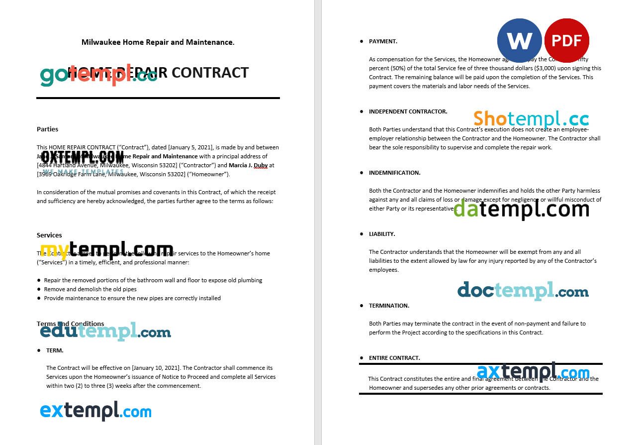 free download home repair contract example, Word and PDF format