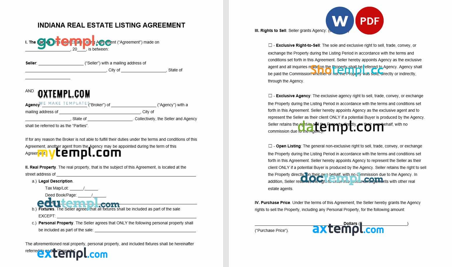 free download Indianna real estate listing agreement example, Word and PDF format