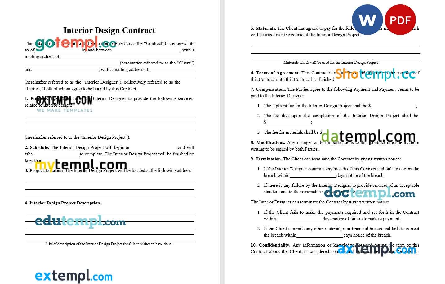 free download interior design contract example, Word and PDF format