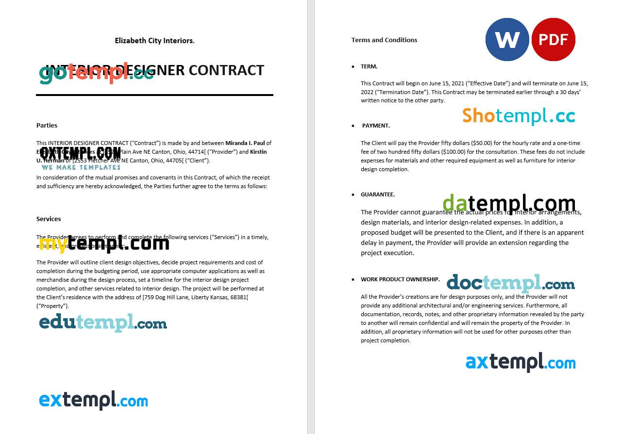 free download interior designer contract example, Word and PDF format