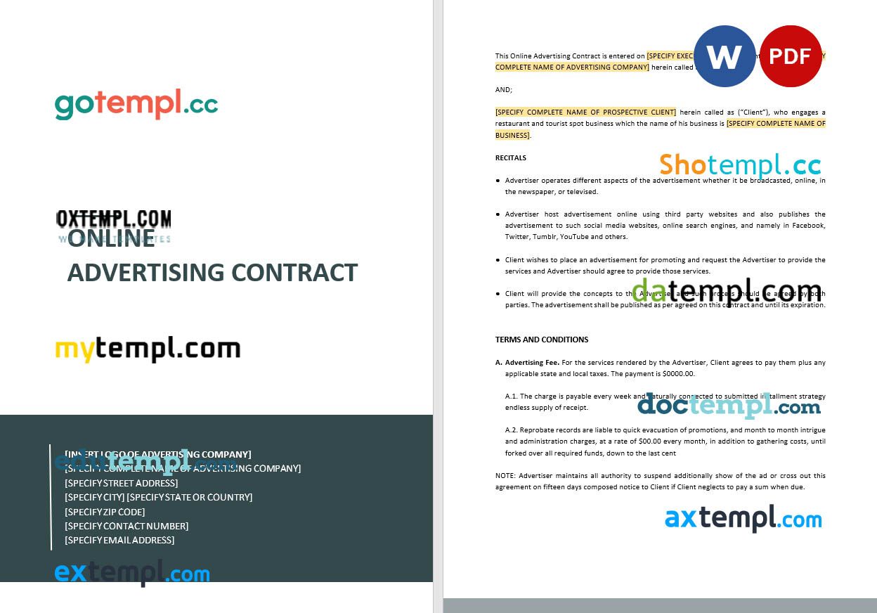free download online advertising contract example, Word and PDF format